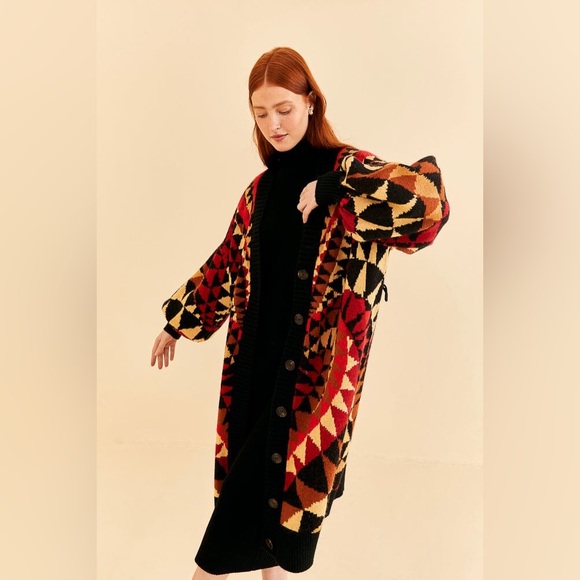 FARM Rio | Sweaters | Nwt Farm Rio Heart Deco Maxi Knit Cardigan | Poshmark